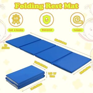 Marsui 10 Pack Folding Rest Mat Toddler Nap Mat Folding Exercise Mat 1 Inch Thick Gymnastics Mat 4 Section Classroom Sleeping Mat for Yoga School Daycare Travel and Home Blue, Grey