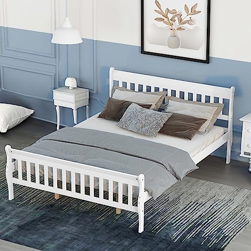 RIDFY Queen Platform Bed Frame with Headboard & Footboard, Wood Sleigh Bed Frame with Slats Support, No Box Spring Needed, Noise Free, Easy Assembly (White)