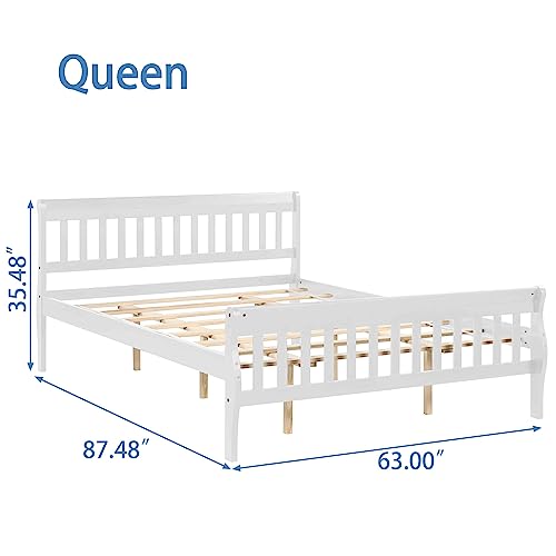 RIDFY Queen Platform Bed Frame with Headboard & Footboard, Wood Sleigh Bed Frame with Slats Support, No Box Spring Needed, Noise Free, Easy Assembly (White)