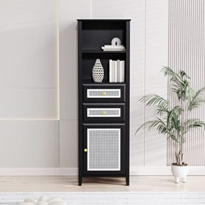 tall storage cabinet narrow bathroom corner cabinet with rattan door mid century modern tower cabinet freestanding cabinet organizer with metal handles for kitchen, living room, bedroom, black