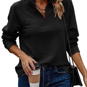 BTFBM Womens 2023 Fall Fashion Quarter Zip Sweatshirts Half Zip Casual Long Sleeve Solid Color V Neck Pullover Tops(Solid Black,Medium)