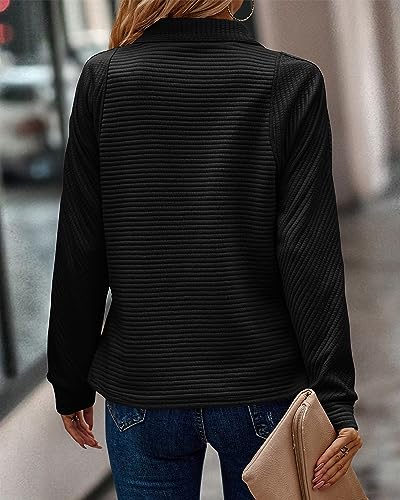 BTFBM Womens 2023 Fall Fashion Quarter Zip Sweatshirts Half Zip Casual Long Sleeve Solid Color V Neck Pullover Tops(Solid Black,Medium)