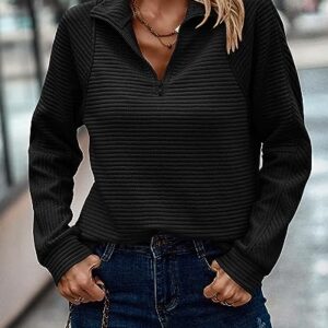 BTFBM Womens 2023 Fall Fashion Quarter Zip Sweatshirts Half Zip Casual Long Sleeve Solid Color V Neck Pullover Tops(Solid Black,Medium)