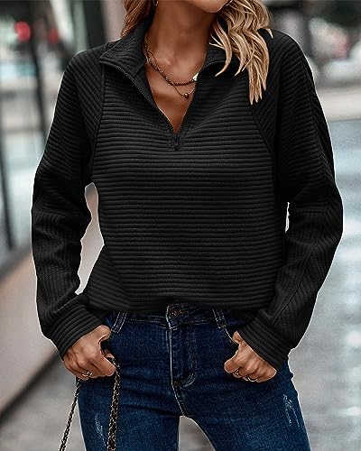 BTFBM Womens 2023 Fall Fashion Quarter Zip Sweatshirts Half Zip Casual Long Sleeve Solid Color V Neck Pullover Tops(Solid Black,Medium)