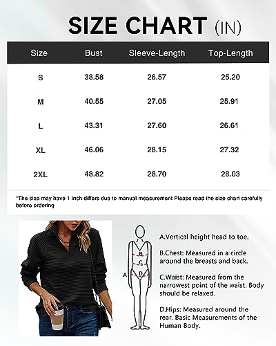 BTFBM Womens 2023 Fall Fashion Quarter Zip Sweatshirts Half Zip Casual Long Sleeve Solid Color V Neck Pullover Tops(Solid Black,Medium)