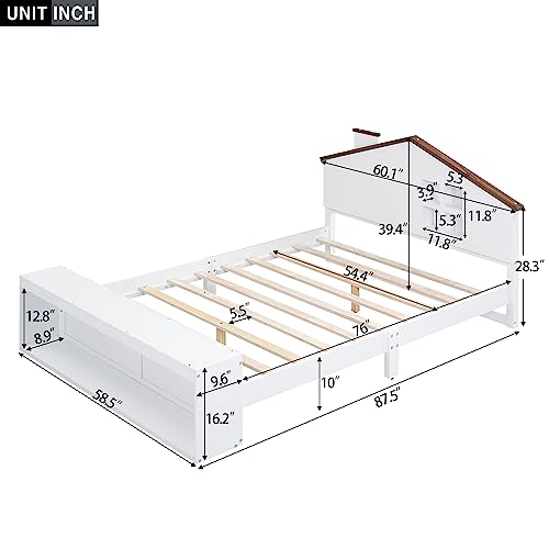 LCH Full Size House Platform Bed with LED Lights and Storage, Wood Kids Bed Frame with Headboard and Slats Support, No Box Spring Needed, Suitable for Bedroom and Apartment,White