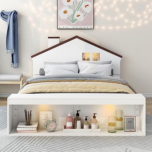 LCH Full Size House Platform Bed with LED Lights and Storage, Wood Kids Bed Frame with Headboard and Slats Support, No Box Spring Needed, Suitable for Bedroom and Apartment,White