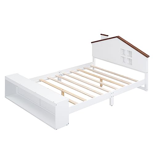 LCH Full Size House Platform Bed with LED Lights and Storage, Wood Kids Bed Frame with Headboard and Slats Support, No Box Spring Needed, Suitable for Bedroom and Apartment,White