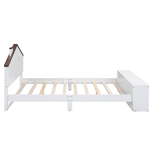 LCH Full Size House Platform Bed with LED Lights and Storage, Wood Kids Bed Frame with Headboard and Slats Support, No Box Spring Needed, Suitable for Bedroom and Apartment,White