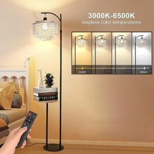 Floor Lamp with Table and Shelves for Living Room Bedroom Modern Arc Crystal Floor Standing Lamp with Remote Dimmable Two Layer Crystals LampShade Black Adjustable Tall Lamp Industrial Floor light