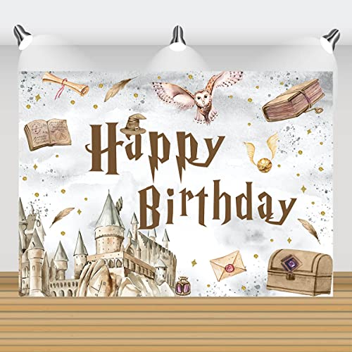 Wizard Birthday Backdrop for Boys Girls Witch Wizard Magic School Happy Birthday Photography Background Decorations Kids Magical Castle Birthday Banner 5x3ft