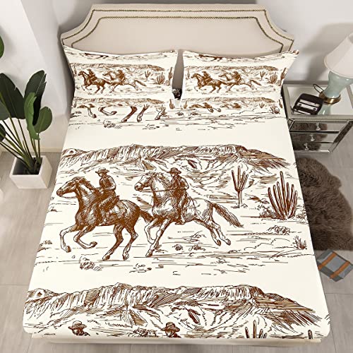 Erosebridal Western Fitted Sheet Full Size Cowboy Bed Sheets American Wild West Desert Hand Drawn Illustration Bed Set Country Theme Bedroom Decor Sheets for Boys Men Teens(No Top Sheet)