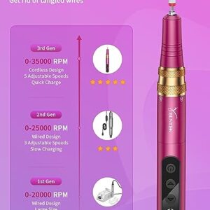 YBLNTEK Electric Nail File, 35,000 RPM Portable Electric Nail Drill for Acrylic Gel Nails, Cordless Nail Drill for Home Salon Manicure and Pedicure, Red