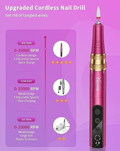 YBLNTEK Electric Nail File, 35,000 RPM Portable Electric Nail Drill for Acrylic Gel Nails, Cordless Nail Drill for Home Salon Manicure and Pedicure, Red