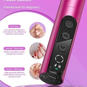 YBLNTEK Electric Nail File, 35,000 RPM Portable Electric Nail Drill for Acrylic Gel Nails, Cordless Nail Drill for Home Salon Manicure and Pedicure, Red