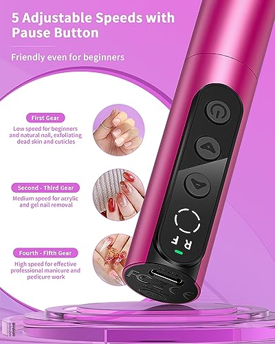 YBLNTEK Electric Nail File, 35,000 RPM Portable Electric Nail Drill for Acrylic Gel Nails, Cordless Nail Drill for Home Salon Manicure and Pedicure, Red