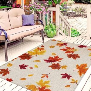 Autumn Maple Leaf Indoor/Outdoor Rug Mat Fall Thanksgiving Day Outside Carpet RV Camping Area Rugs with Rubber Backing for Living Room/Backyard Floor Decor Falling Leaves Seamless on Linen,4x6ft