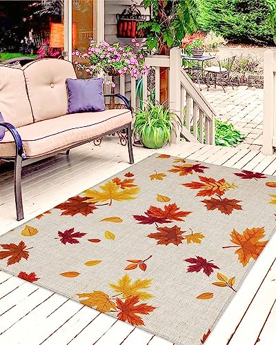 Autumn Maple Leaf Indoor/Outdoor Rug Mat Fall Thanksgiving Day Outside Carpet RV Camping Area Rugs with Rubber Backing for Living Room/Backyard Floor Decor Falling Leaves Seamless on Linen,4x6ft