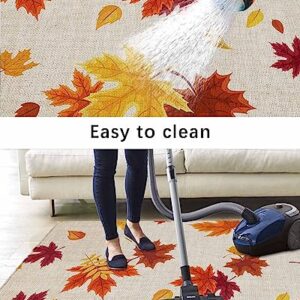 Autumn Maple Leaf Indoor/Outdoor Rug Mat Fall Thanksgiving Day Outside Carpet RV Camping Area Rugs with Rubber Backing for Living Room/Backyard Floor Decor Falling Leaves Seamless on Linen,4x6ft