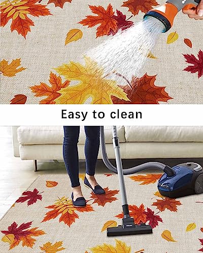 Autumn Maple Leaf Indoor/Outdoor Rug Mat Fall Thanksgiving Day Outside Carpet RV Camping Area Rugs with Rubber Backing for Living Room/Backyard Floor Decor Falling Leaves Seamless on Linen,4x6ft