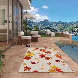 Autumn Maple Leaf Indoor/Outdoor Rug Mat Fall Thanksgiving Day Outside Carpet RV Camping Area Rugs with Rubber Backing for Living Room/Backyard Floor Decor Falling Leaves Seamless on Linen,4x6ft