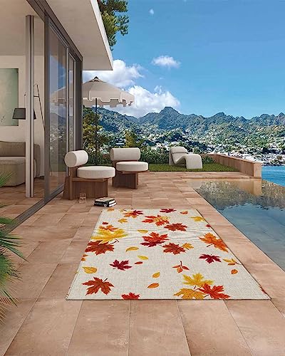 Autumn Maple Leaf Indoor/Outdoor Rug Mat Fall Thanksgiving Day Outside Carpet RV Camping Area Rugs with Rubber Backing for Living Room/Backyard Floor Decor Falling Leaves Seamless on Linen,4x6ft