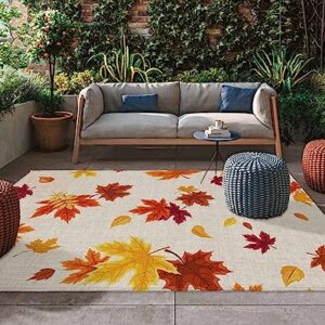 Autumn Maple Leaf Indoor/Outdoor Rug Mat Fall Thanksgiving Day Outside Carpet RV Camping Area Rugs with Rubber Backing for Living Room/Backyard Floor Decor Falling Leaves Seamless on Linen,4x6ft