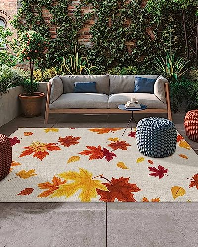 Autumn Maple Leaf Indoor/Outdoor Rug Mat Fall Thanksgiving Day Outside Carpet RV Camping Area Rugs with Rubber Backing for Living Room/Backyard Floor Decor Falling Leaves Seamless on Linen,4x6ft