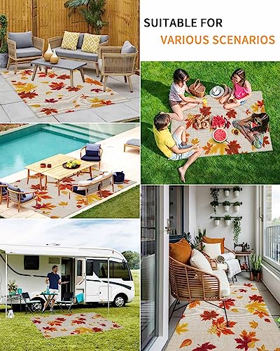 Autumn Maple Leaf Indoor/Outdoor Rug Mat Fall Thanksgiving Day Outside Carpet RV Camping Area Rugs with Rubber Backing for Living Room/Backyard Floor Decor Falling Leaves Seamless on Linen,4x6ft