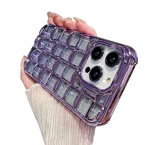 Fycyko Case for iPhone 14 Pro Max Glitter Phone Case 3D Wave Lattice Luxury Plating Aesthetic Cute Gradient Twinkle Bling Sparkle Design for iPhone 14 Pro Max Women Girl Men 6.7'' Purple