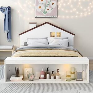 tensun full size house platform bed with storage, wood bed frame with headboard & footboard led lights, for kids teens adults,no box spring needed, white