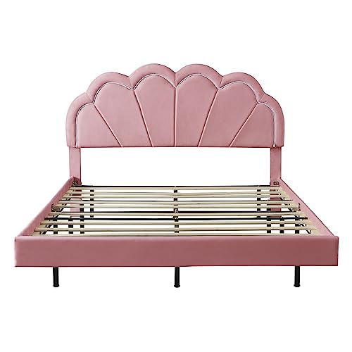 GAOWEI Queen Upholstered Smart LED Bed Frame with Elegant Flowers Headboard,Floating Velvet Platform LED Bed with Wooden Slats Support Queen Bed Frame (Pink)