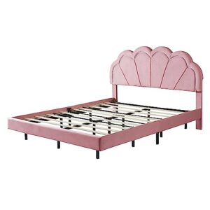 GAOWEI Queen Upholstered Smart LED Bed Frame with Elegant Flowers Headboard,Floating Velvet Platform LED Bed with Wooden Slats Support Queen Bed Frame (Pink)