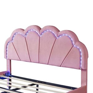 GAOWEI Queen Upholstered Smart LED Bed Frame with Elegant Flowers Headboard,Floating Velvet Platform LED Bed with Wooden Slats Support Queen Bed Frame (Pink)