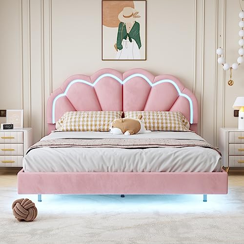 GAOWEI Queen Upholstered Smart LED Bed Frame with Elegant Flowers Headboard,Floating Velvet Platform LED Bed with Wooden Slats Support Queen Bed Frame (Pink)