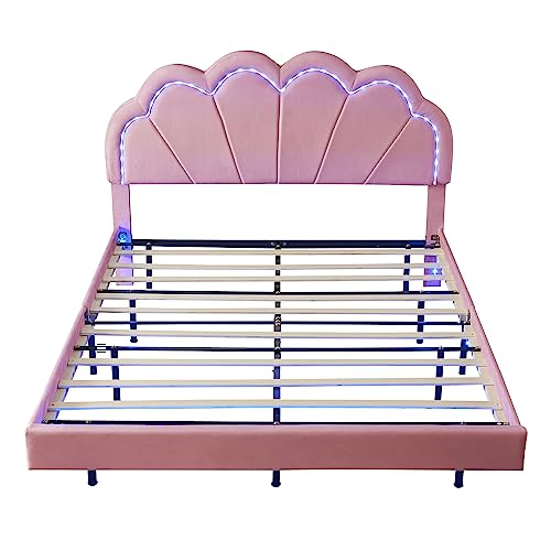 GAOWEI Queen Upholstered Smart LED Bed Frame with Elegant Flowers Headboard,Floating Velvet Platform LED Bed with Wooden Slats Support Queen Bed Frame (Pink)