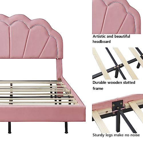 GAOWEI Queen Upholstered Smart LED Bed Frame with Elegant Flowers Headboard,Floating Velvet Platform LED Bed with Wooden Slats Support Queen Bed Frame (Pink)