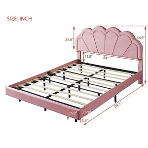 GAOWEI Queen Upholstered Smart LED Bed Frame with Elegant Flowers Headboard,Floating Velvet Platform LED Bed with Wooden Slats Support Queen Bed Frame (Pink)