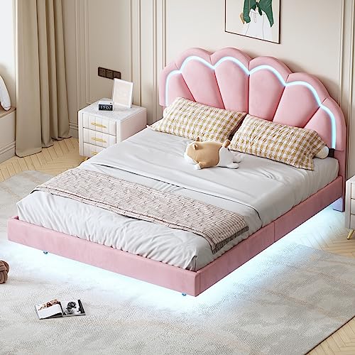 GAOWEI Queen Upholstered Smart LED Bed Frame with Elegant Flowers Headboard,Floating Velvet Platform LED Bed with Wooden Slats Support Queen Bed Frame (Pink)