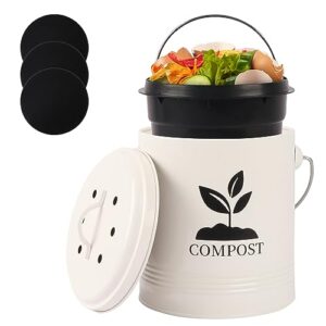 compost bin kitchen countertop, indoor compost bin with inner bucket, 1.3 gallon small compost bin with lid, indoor composter bin counter compost pail food waste bin includes 3pcs carbon filter, cream