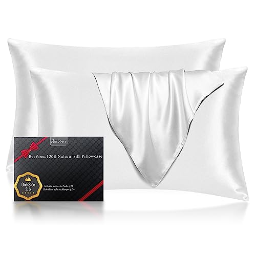 BeeVines Silk Pillowcase, 2 Pack 100% Mulberry Silk Pillow Case for Hair & Skin, Pure Natural Satin Pillow Cases with Hidden Zipper, Cooling Pillowcases for Queen Size (One Side Silk, Pearl White)