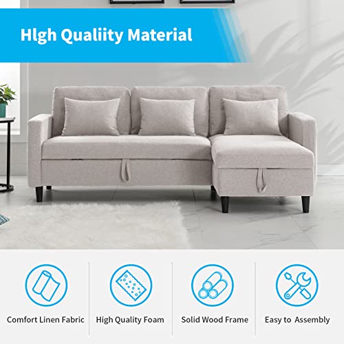 Horgaeo Pull Out Sofa Bed, Convertible Sleeper Sofa with 3 Free Cushions, L Shaped Sofa Couch with Storage Chaise, 4 Storable Pockets Linen Fabric Sectional Couch Bed for Living Room (Beige)