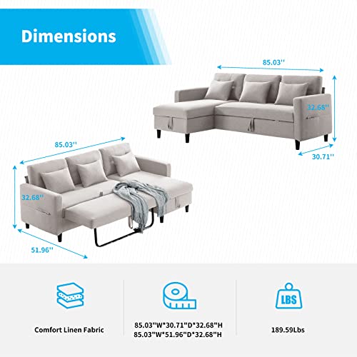 Horgaeo Pull Out Sofa Bed, Convertible Sleeper Sofa with 3 Free Cushions, L Shaped Sofa Couch with Storage Chaise, 4 Storable Pockets Linen Fabric Sectional Couch Bed for Living Room (Beige)