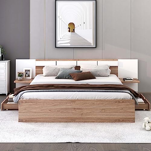 OTRIEK Queen Size Bed Frame with Headboard & Shelves, Modern Platform Bed with USB Ports & Sockets, No Box Spring Needed for Boys Girls Bedroom, Easy Assembly (Natural, Queen)