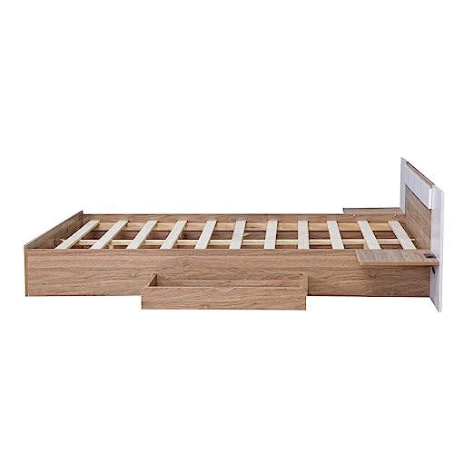 OTRIEK Queen Size Bed Frame with Headboard & Shelves, Modern Platform Bed with USB Ports & Sockets, No Box Spring Needed for Boys Girls Bedroom, Easy Assembly (Natural, Queen)