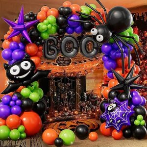 bonropin 144pcs halloween balloon garland arch kit with black orange green purple eyes balloons, bat spider boo foil balloons, black purple explosion star foil balloons for halloween party decorations