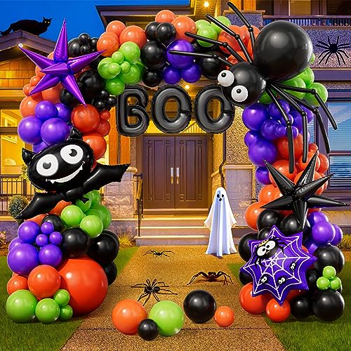 Bonropin 144pcs Halloween Balloon Garland Arch kit with Black Orange Green Purple Eyes Balloons, Bat Spider Boo Foil Balloons, Black Purple Explosion Star Foil Balloons for Halloween Party Decorations