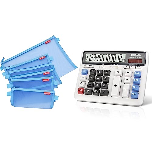 Desktop Calculator and 5pcs Mesh Zipper Pouch Bundle, 12-Digit Battery Solar Powered LCD Display Big Button Calculator, A4 A5 A6 Lightweight Nylon File Folders Document Organizer Cosmetic Bags