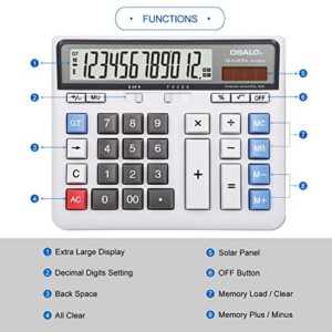 Desktop Calculator and 5pcs Mesh Zipper Pouch Bundle, 12-Digit Battery Solar Powered LCD Display Big Button Calculator, A4 A5 A6 Lightweight Nylon File Folders Document Organizer Cosmetic Bags