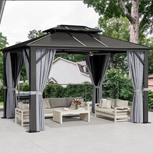 Binplax 10' x 12' Hardtop Metal Gazebo, Double Roof Gazebo with Aluminum Frame, Hardtop Gazebo with a Brown Mosquito Net and Privacy Sidewalls for Garden, Patio